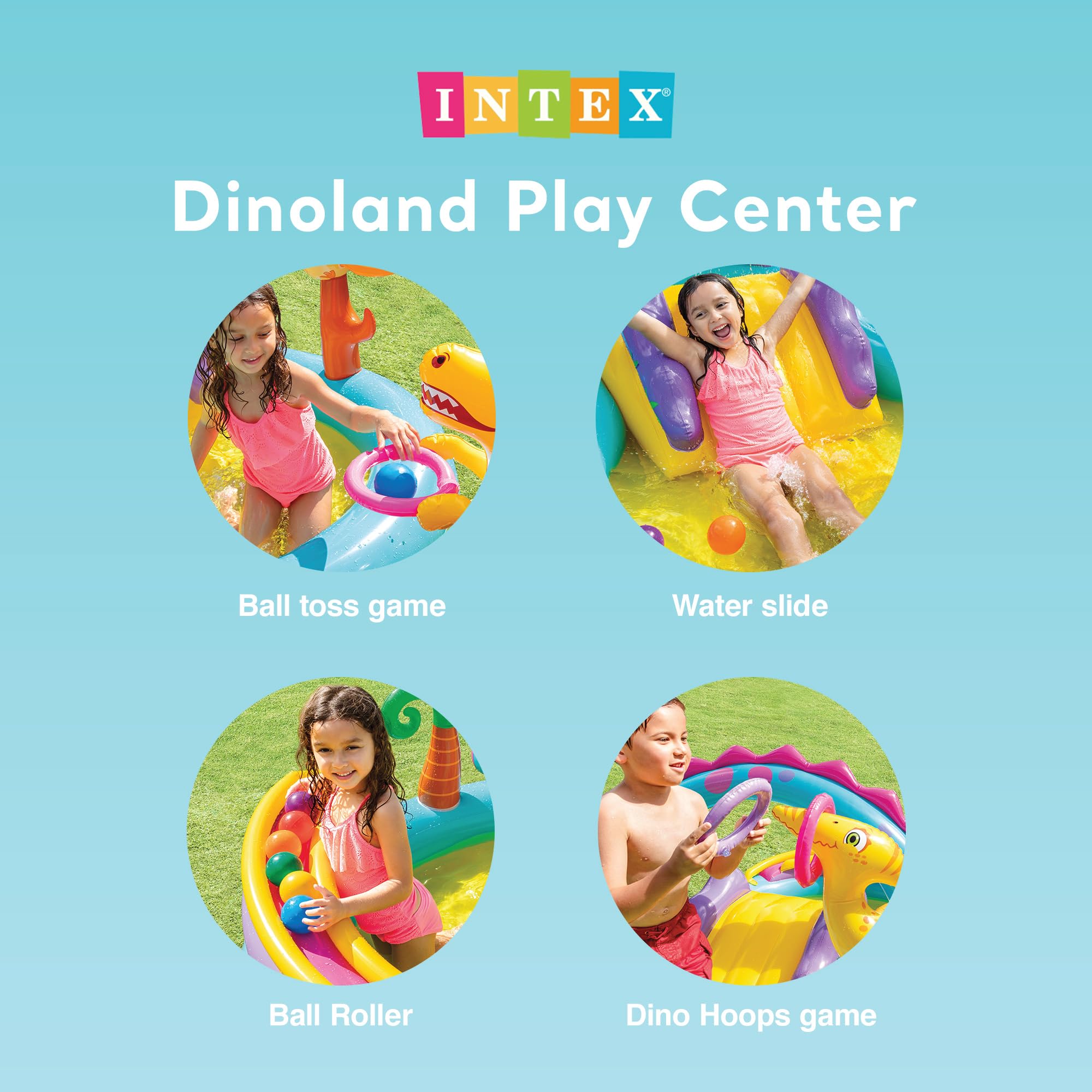 Intex Dinoland Play Center Kiddie Inflatable Pool and Dinosaur Water Splash Swimming Pool with Water Sprayers, Waterfalls, Slides, and Games