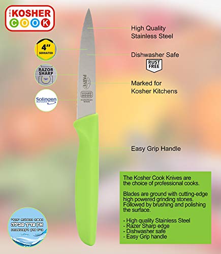 The Kosher Cook Parve Green Kitchen Knife - 4β Steak and Vegetable Knife - Razor Sharp Pointed Tip, Serrated Edge - Color Coded Kitchen Tools