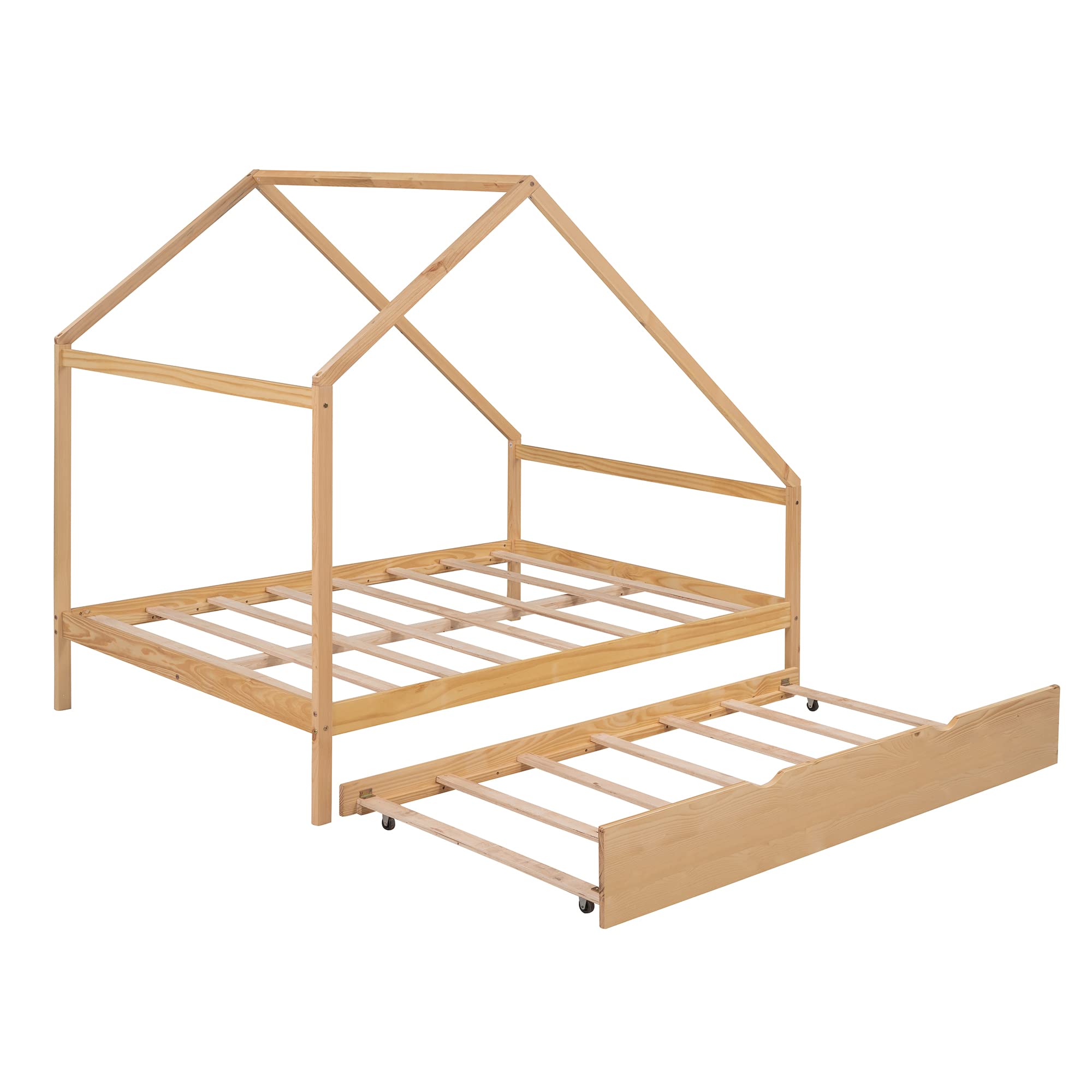 Harper & Bright Designs House Bed for Kids Full Storage Bed with Trundle, Wood Platform Bed Frame with Bookcase for Girls Boys (Full Size, White)