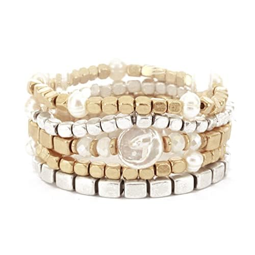Rosemarie & Jubalee Women's Set of 5 Stacking Chunky Nugget Freshwater Pearl Beaded Stretch Bracelets, 6.5" (Matte Gold Tone)