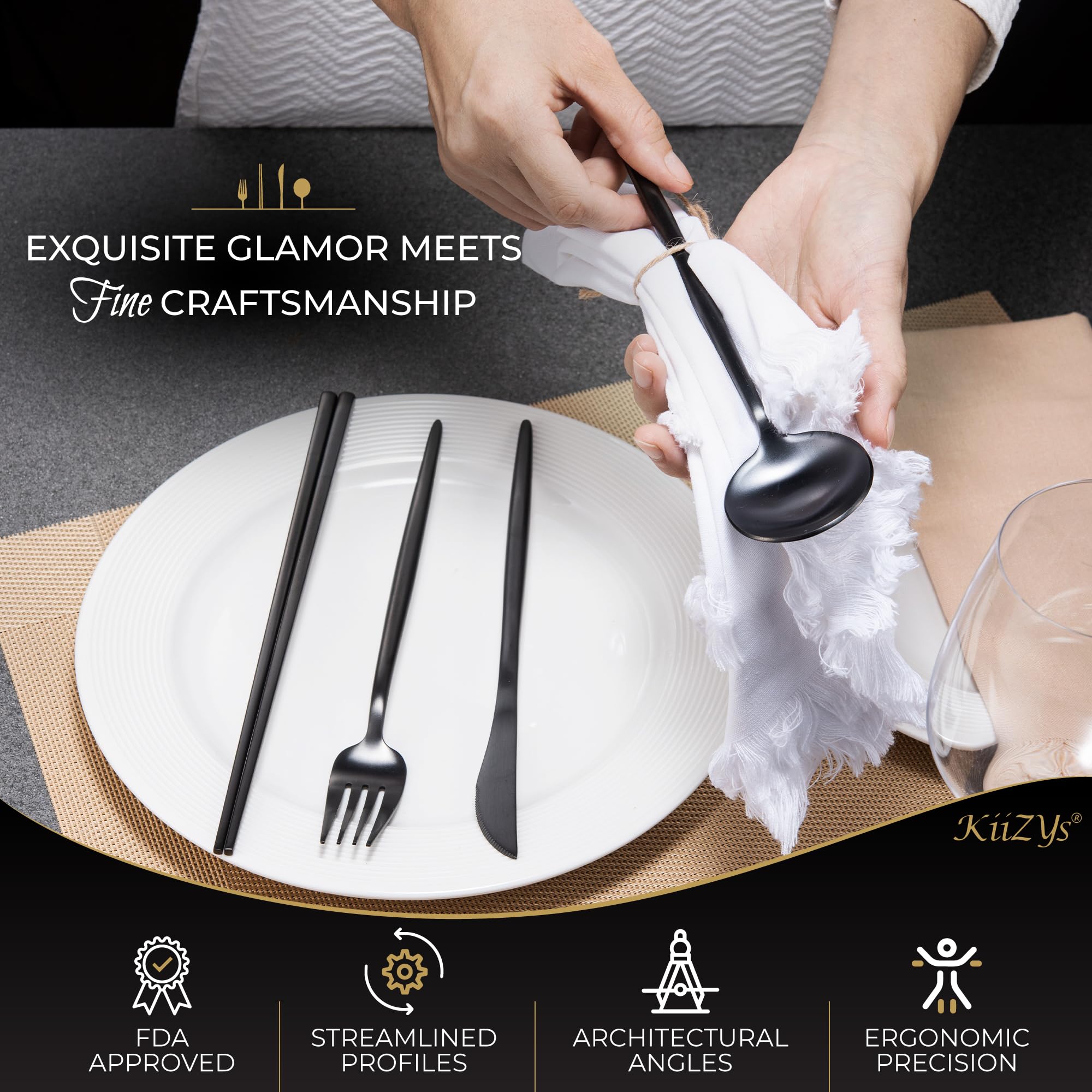 KiiZYs Matte Black Silverware Set - 8-piece Modern Flatware Stainless Steel Chopsticks β Kitchen Utensils Gifts for Couples - Cutlery Spoon Fork Knife Dishwasher Safe New Home (Black, Service for 2)