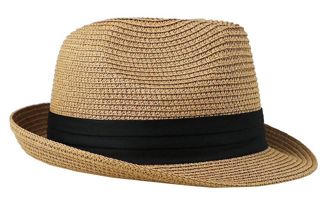 Womens-Sun-Hat Summer-Straw-Fedora Hat Foldable-Panama Beach-Sun Hat Short Brim Trilby-Hat - M-L Adjustable String Bulit-in Khaki