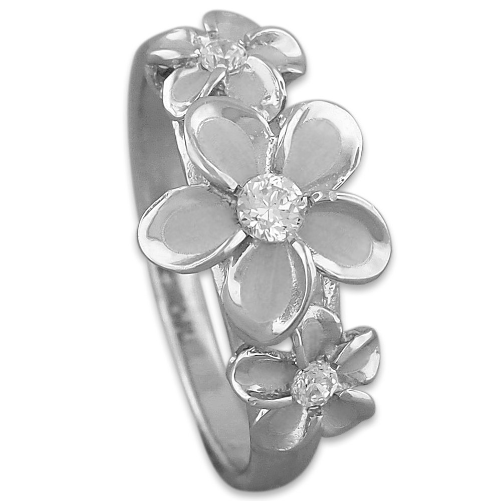 Sterling Silver Hawaiian Three Plumeria Ring Size 10
