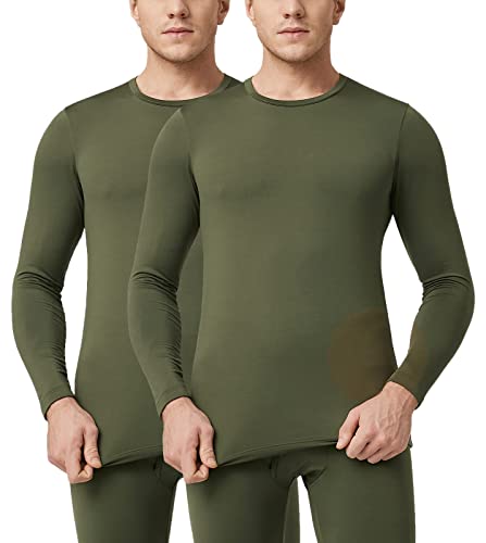 LAPASA Men's Thermal Underwear Top Crewneck Long Sleeve Shirt Base Layer Lightweight Winter Thermoflux 100 M09 Small Olive Green 2 Pack