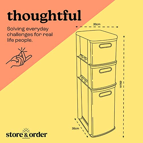 Store & Order Slimline 3 Drawer Tower - Slim & Narrow Plastic Drawers, Perfect Storage Unit for Bathroom, Hallway, Office, Wardrobe or Utility Room, White Rattan Design