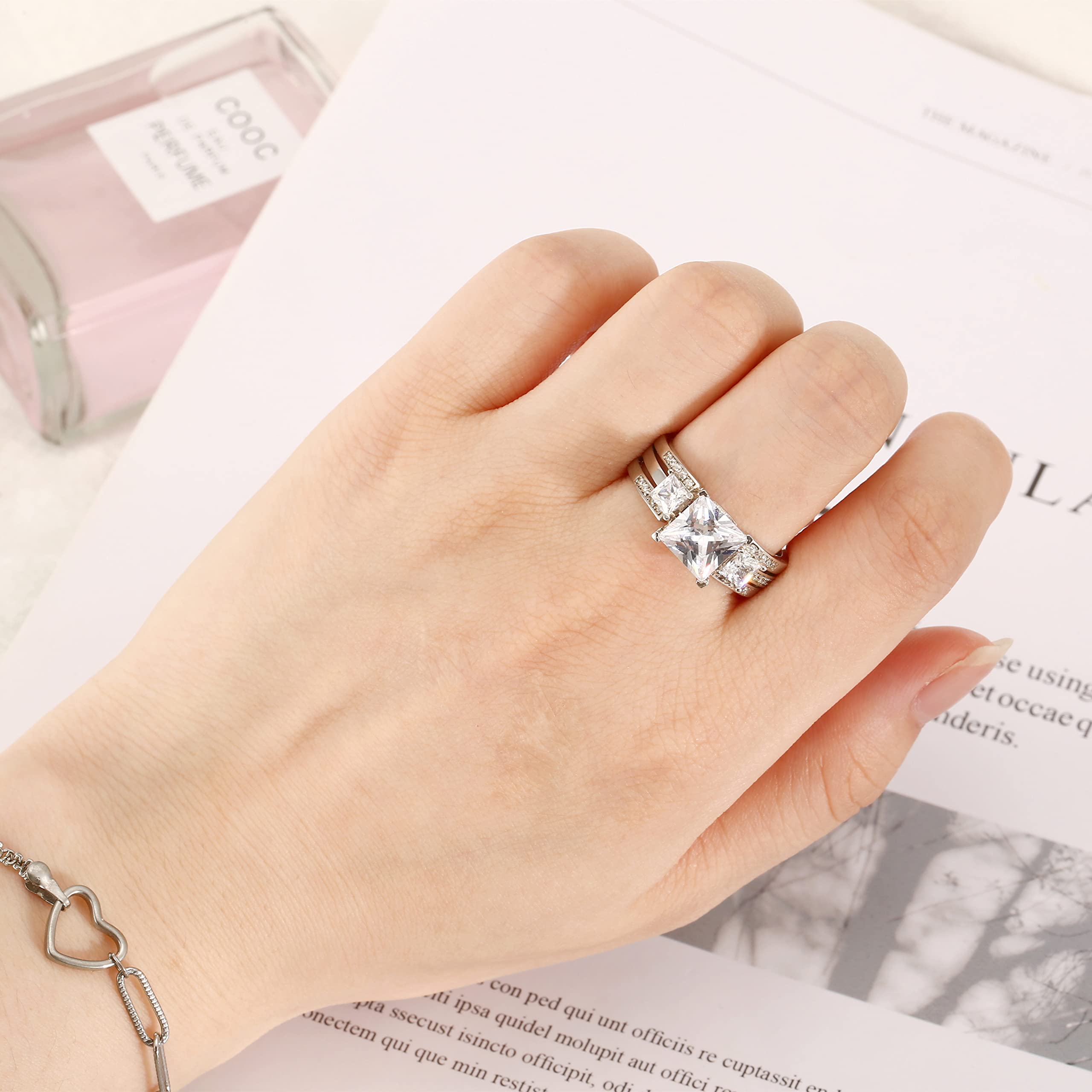 BONLAVIE 3Ct Princess Cut Wedding Ring Sets for Women 925 Sterling Silver White Cubic Zirconia Bridal Ring Sets Wedding rings Stackable Ring Size 7