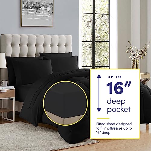 Sweet Home Collection 7 Piece Comforter Set Bag Solid Color All Season Soft Down Alternative Blanket & Luxurious Microfiber Bed Sheets, Black, Queen