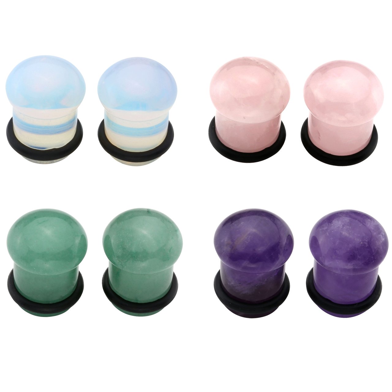 Jovivi Set of 4 Pairs Single Flare Natural Semi-Precious Stone Mushroom Saddle Plugs with O-Ring Stretcher Expander Gauges Kit 0G