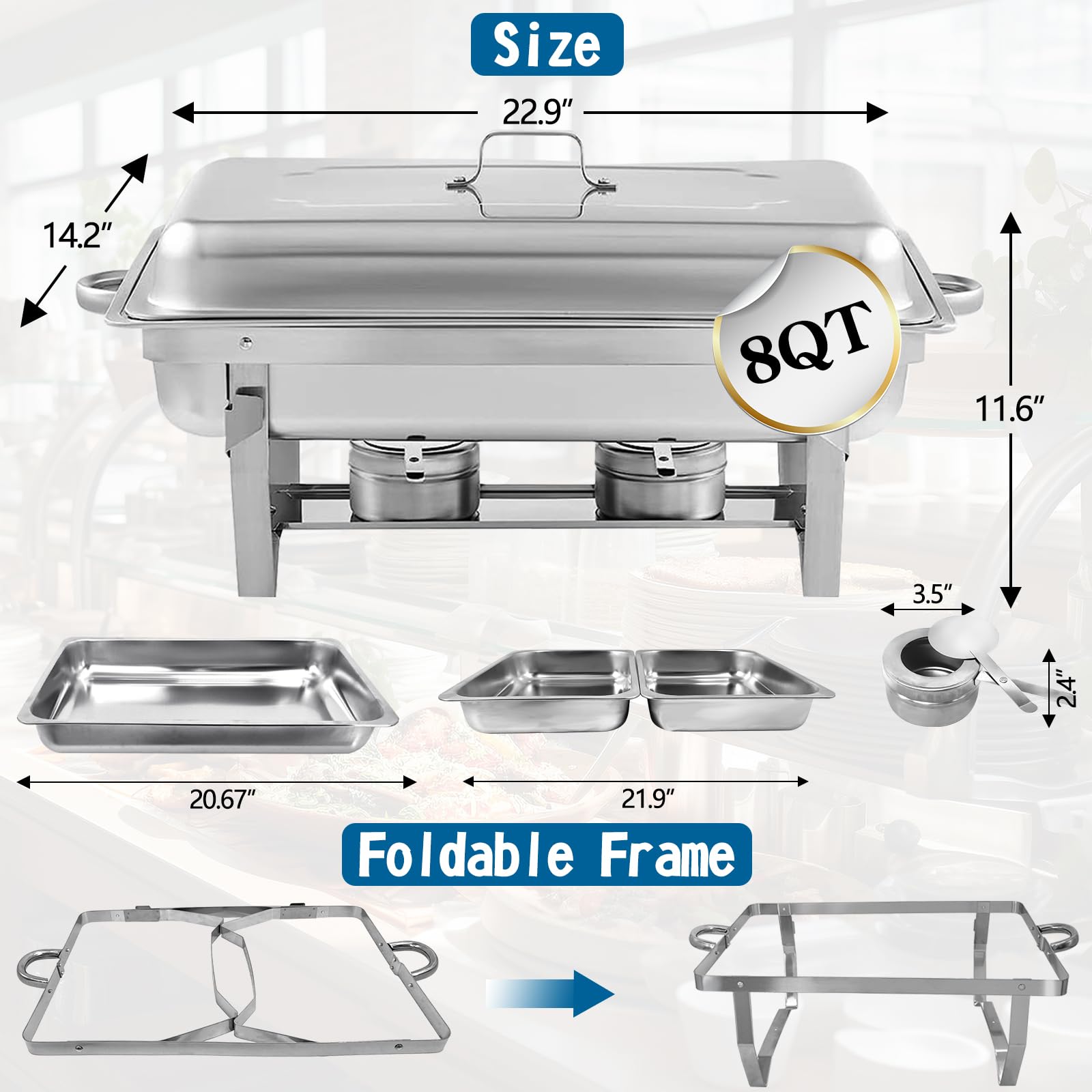 Jacgood Chafing Dish for Buffet, 6 Pack Stainless Steel Chafing Servers Food Warmer Sets with 8QT Half Size Food Pan for Kitchen Party Banquet Dining