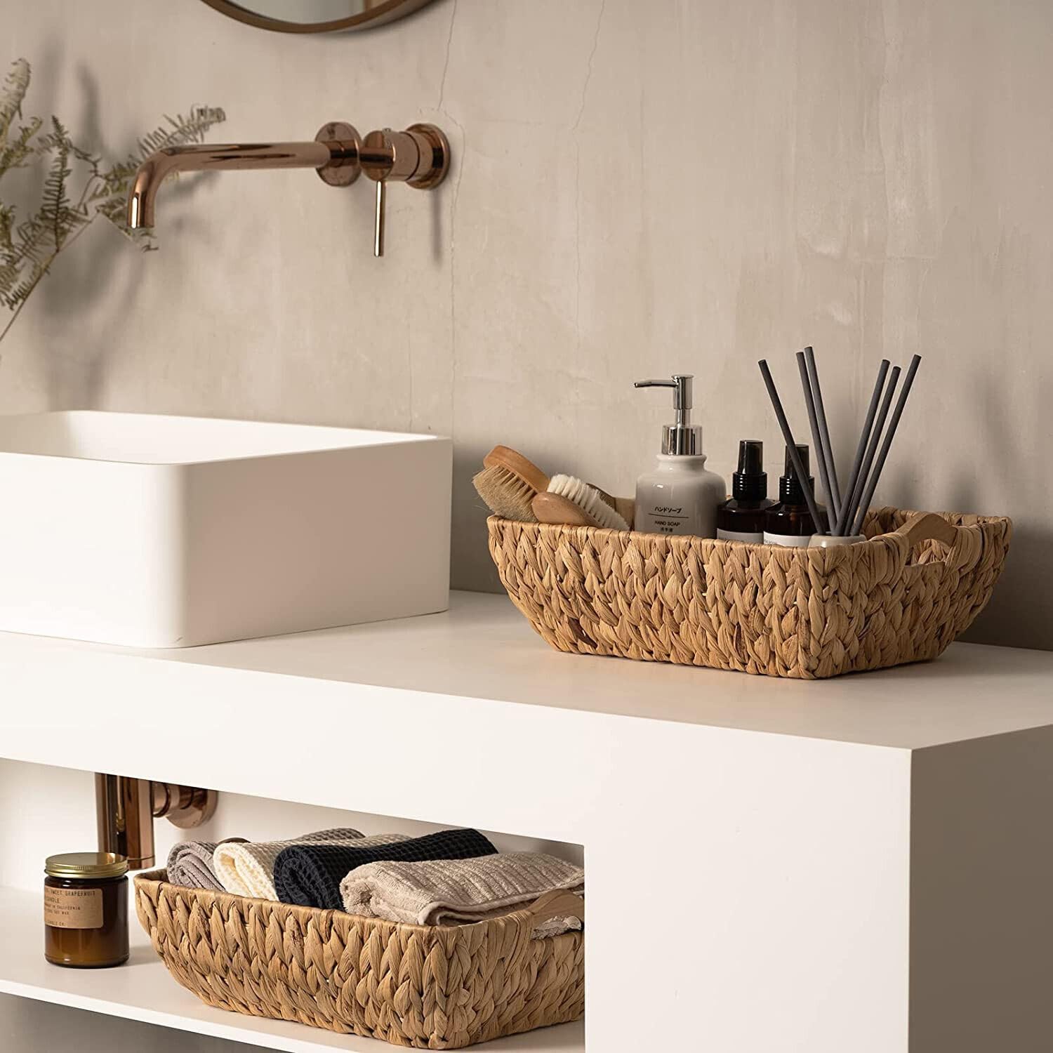 Small Wicker Basket, Storage Basket with Built-in Handles, Handmade Water Hyacinth Wicker Baskets for Organizing, Woven Storage Baskets for Shelves, 6 Pack