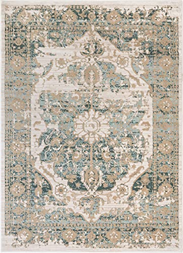 Well Woven Kensington Maxwell Blue Modern Medallion Antique Vintage Distressed Area Rug 3'11" x 5'3"