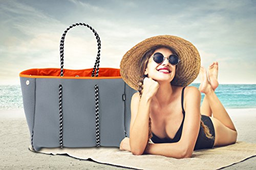 QOGiR Neoprene Multipurpose Beach Bag Tote with Inner Zipper Pocket (Grey, Large)