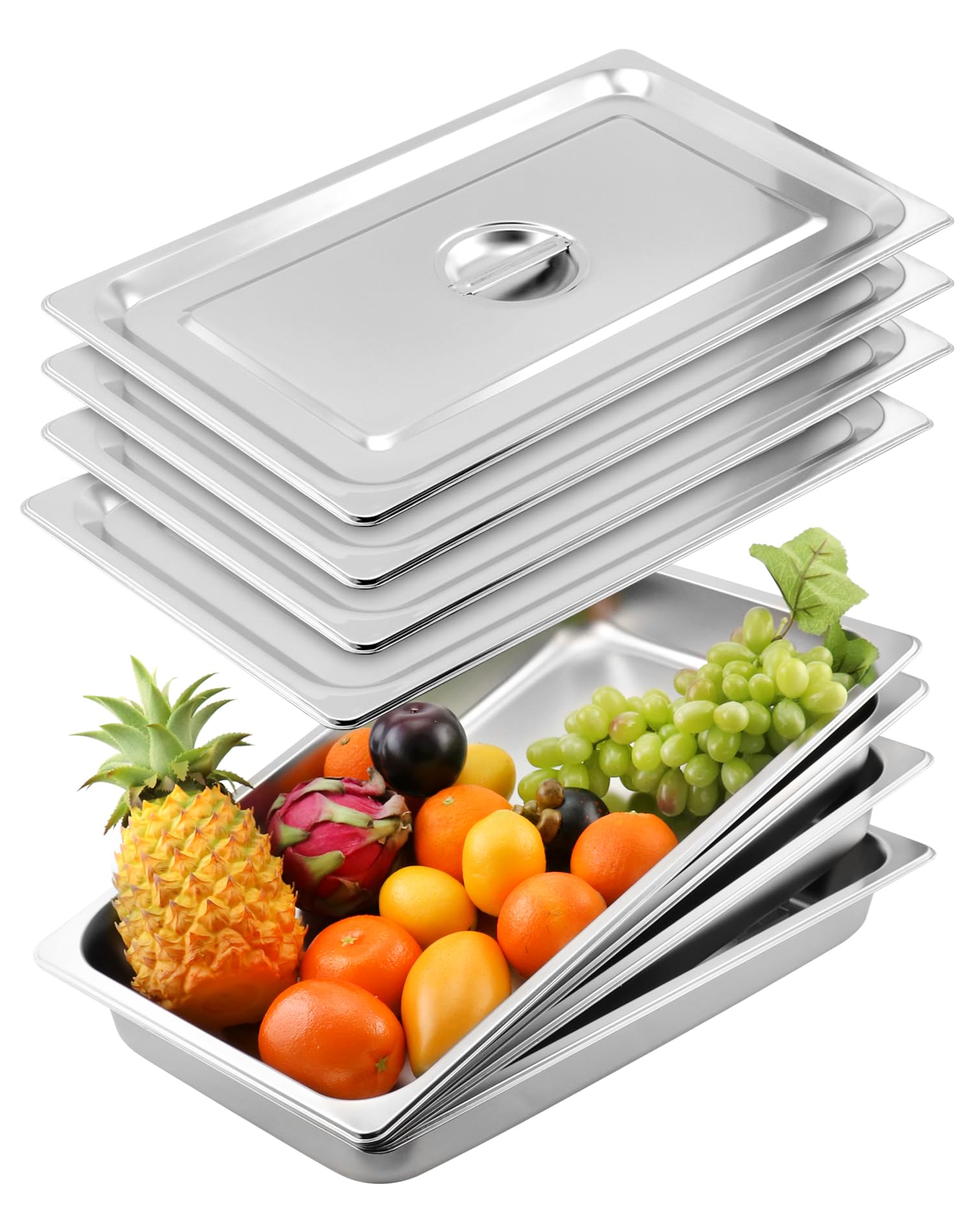 QWORK Stainless Steel Half Size 1/2 Chafing Dish Pan Set, 4 Pack 2.5" Deep 0.03" Thick 3.9L Heat-Resistant Pans with Lids, Steam Table Pans for Catering & Food Service