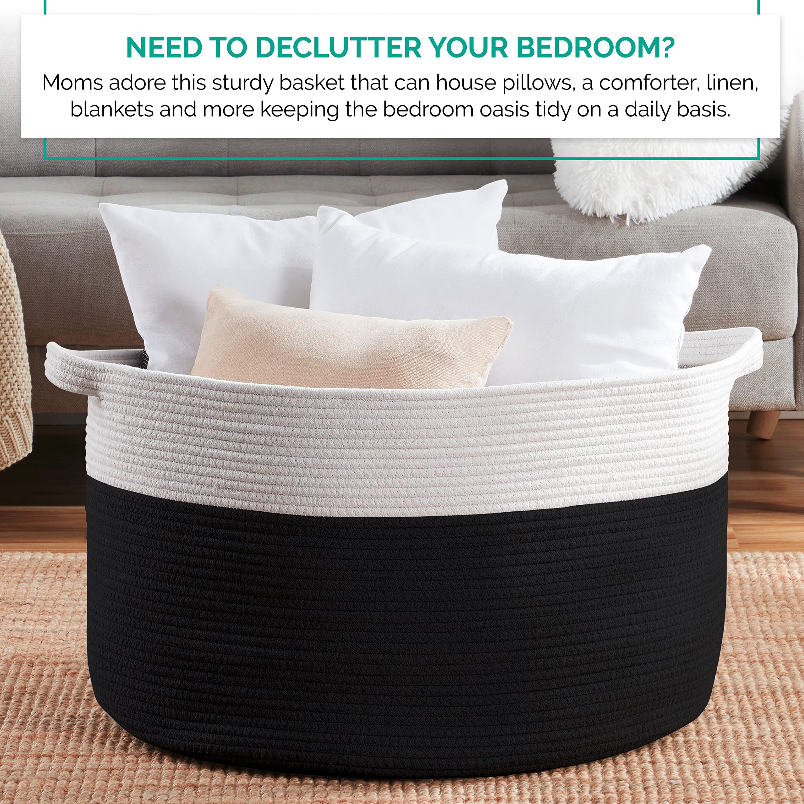 Organizix XXXXL Large Round Cotton Rope Storage Basket Bin Organizer Laundry Hamper with Handles, 21 x 21 x 14, Extra Large Blanket Woven Toy Basket, Black/Brown