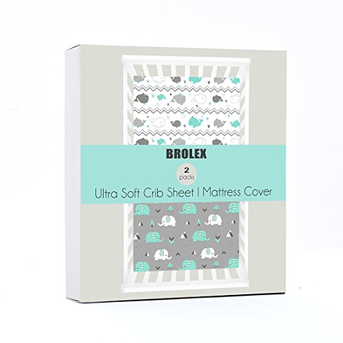 Stretchy Fitted Crib Sheets Set BROLEX 2 Pack Portable Crib Mattress Topper for Baby Boys Girls,Ultra Soft Jersey,Full Standard,Elephant & Whale