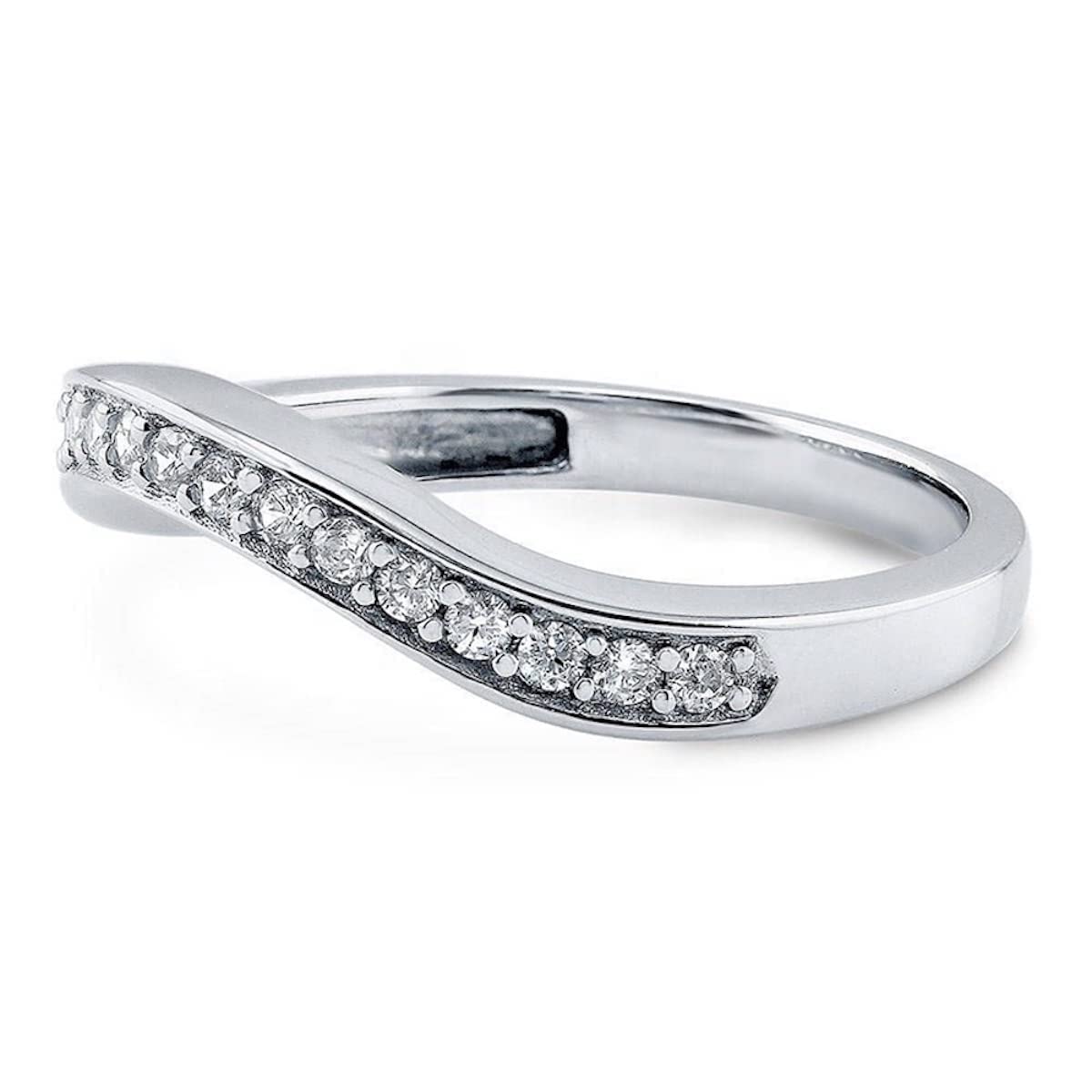 TwoBirch Platinum Plated Sterling Silver Round Cut Moissanite Curved Wedding Ring (GRA CERTIFIED) (17 x 1.5 MM Round Moissanites) Size 8