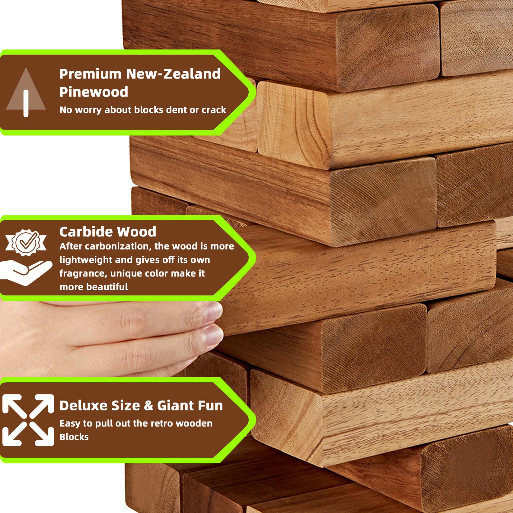 Pointyard 56PCS Giant Tumble Tower [Stack to 5FT+], Carbonized Pine Wooden Tumble Timber Game Set for Teens Adults Family - Classic Stacking Block Party Game with 1 Dice | Scoreboard | Carry Bag