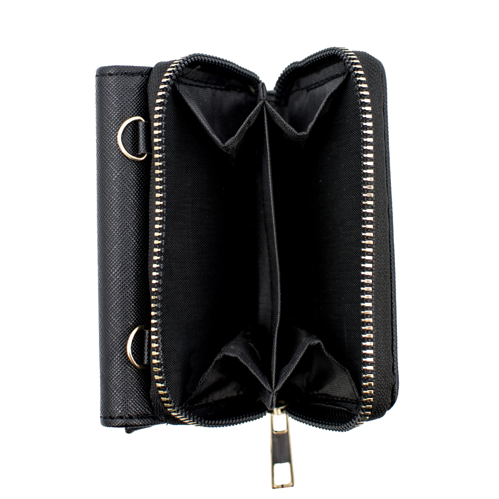 XOXO Women’s Wallet Mini Black Saffiano Zip Around Graffiti Print Indexer With Chain Crossbody Strap