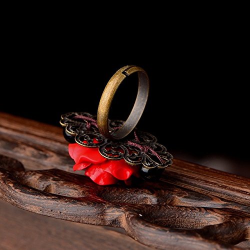 Antique bronze Colored Black Onyx agate With Big Red Rose Flower Women Open Band Ring,Adjustable