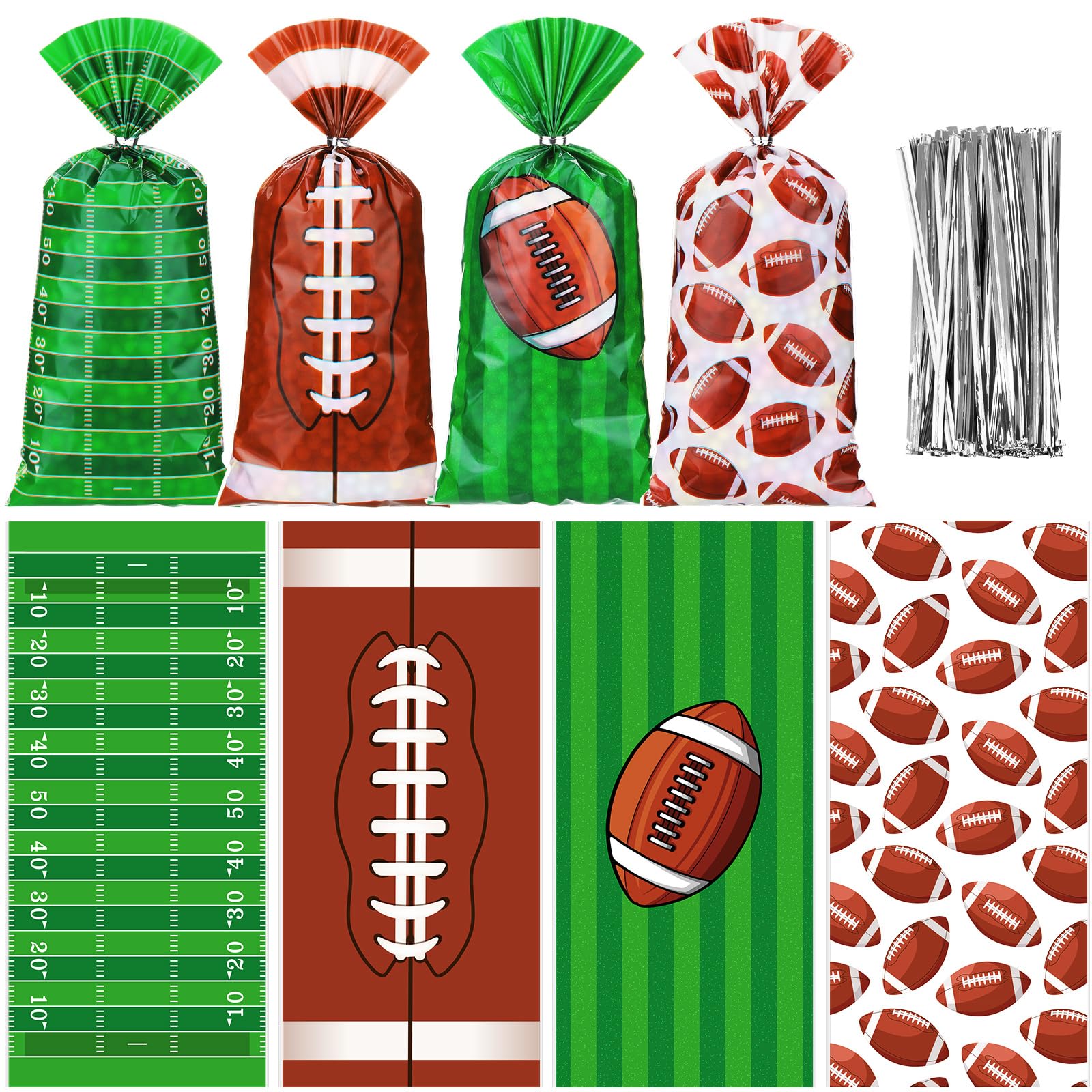 Jetec 100 Pcs Football Cellophane Bags Football Gift Treat Bag Goodie Candy Bags with Ties Football Birthday Party Decorations Supplies for Football Theme Baby Shower Party Serves (Stylish Style)