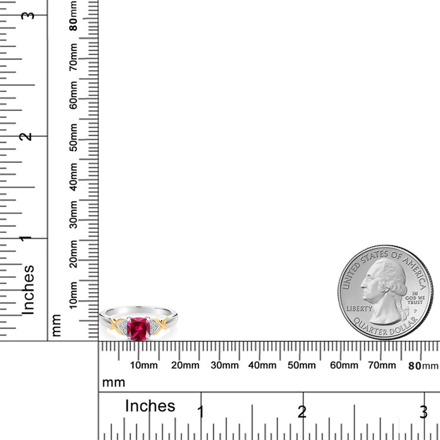 Gem Stone King 925 Sterling Silver and 10K Yellow Gold Red Created Ruby and White Lab Grown Diamond Engagement Ring For Women (1.03 Cttw, Cushion 6MM, Available In Size 5, 6, 7, 8, 9)