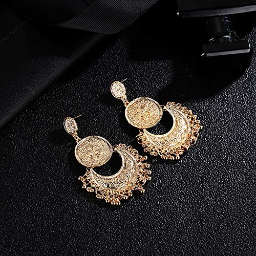 Antique Ethnic Brocade Mexico Gypsy Engraved Lotus Hook Dangle Earrings for Women-gold