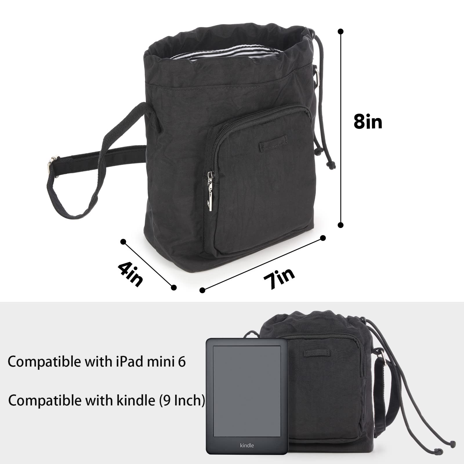 Lily queen Small Drawstring Crossbody Bag for Women Nylon Bucket Purse Lightweight Black