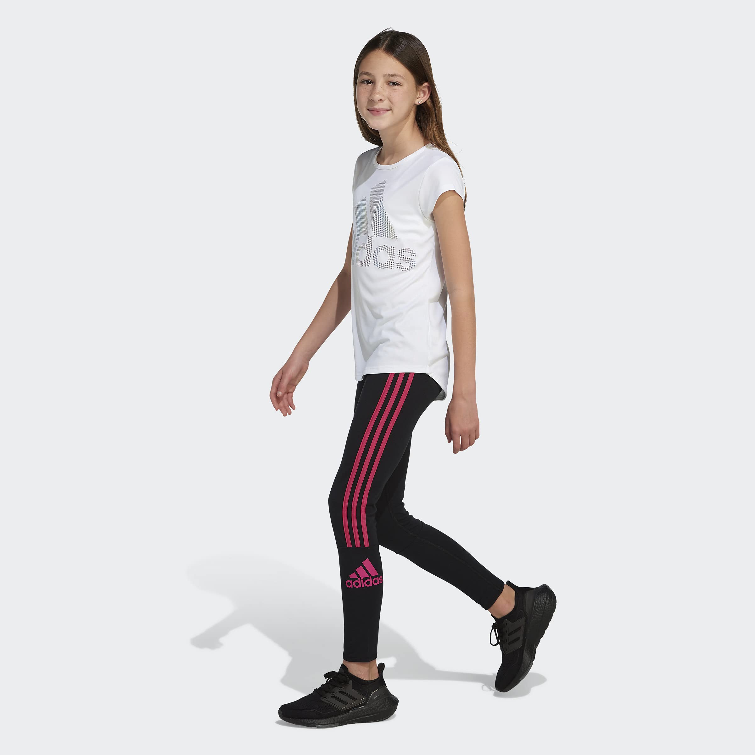 adidas girls 3-stripes Logo Tights Leggings, Black With Pink, Large US