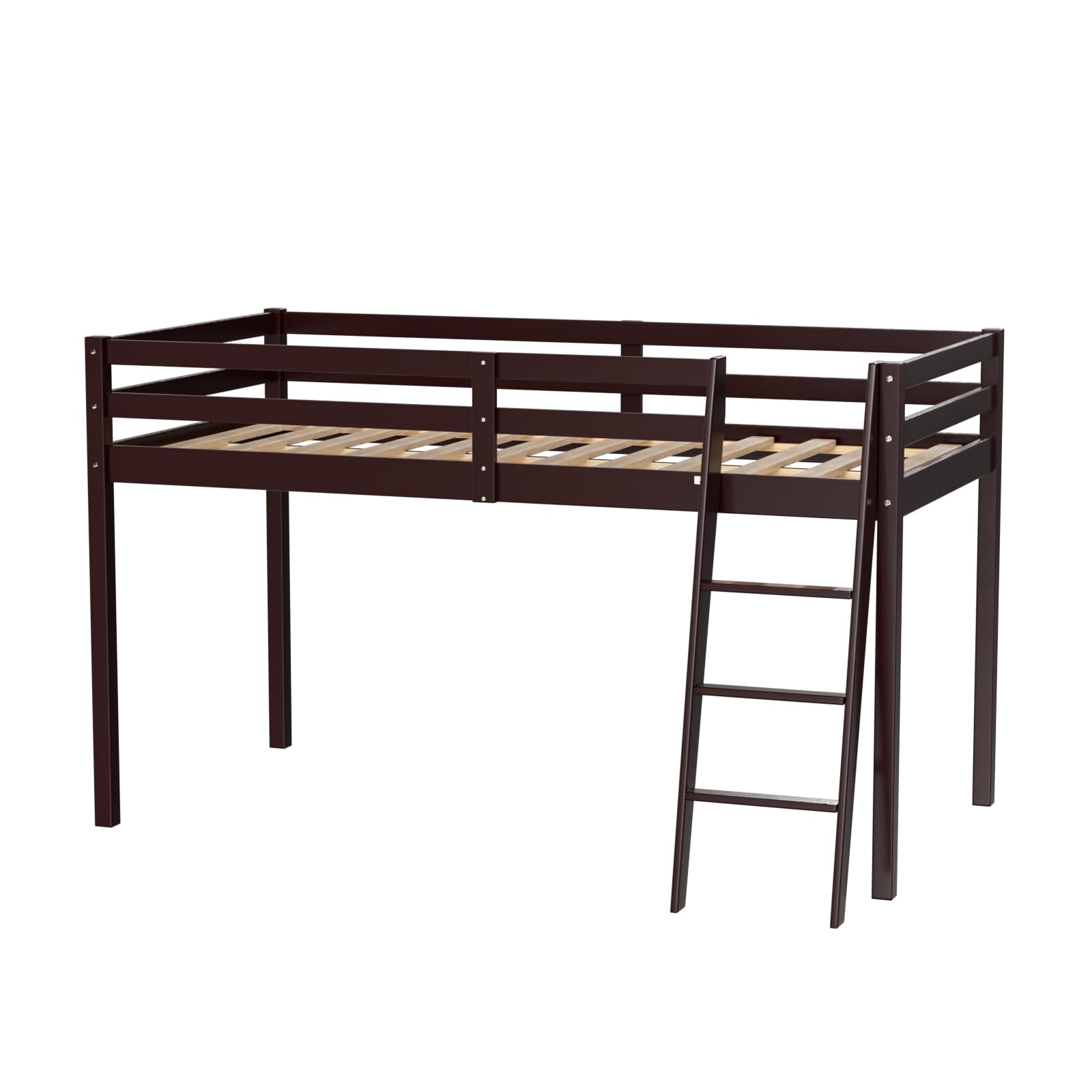 VINGLI 47'' Tall Junior Low Loft Bed with Stairs, White Wood Loft Bed Twin Size for Adults, Kids and Young Teens, No Box Spring Required,Wood Slat Support