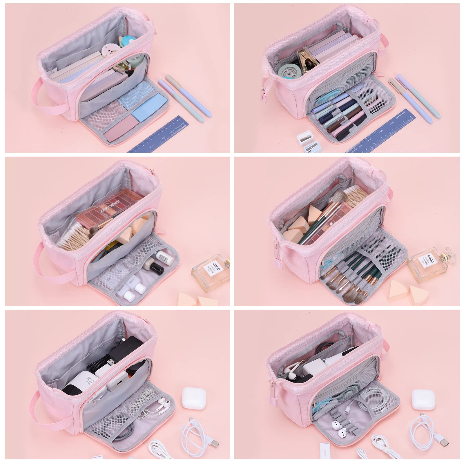 EOOUT Large Pencil Case, Big Capacity Pencil Bag with 3 Compartments, Can Hold 100 Pencils,Aesthetic School Supplies For Girls, Pink (Pink)