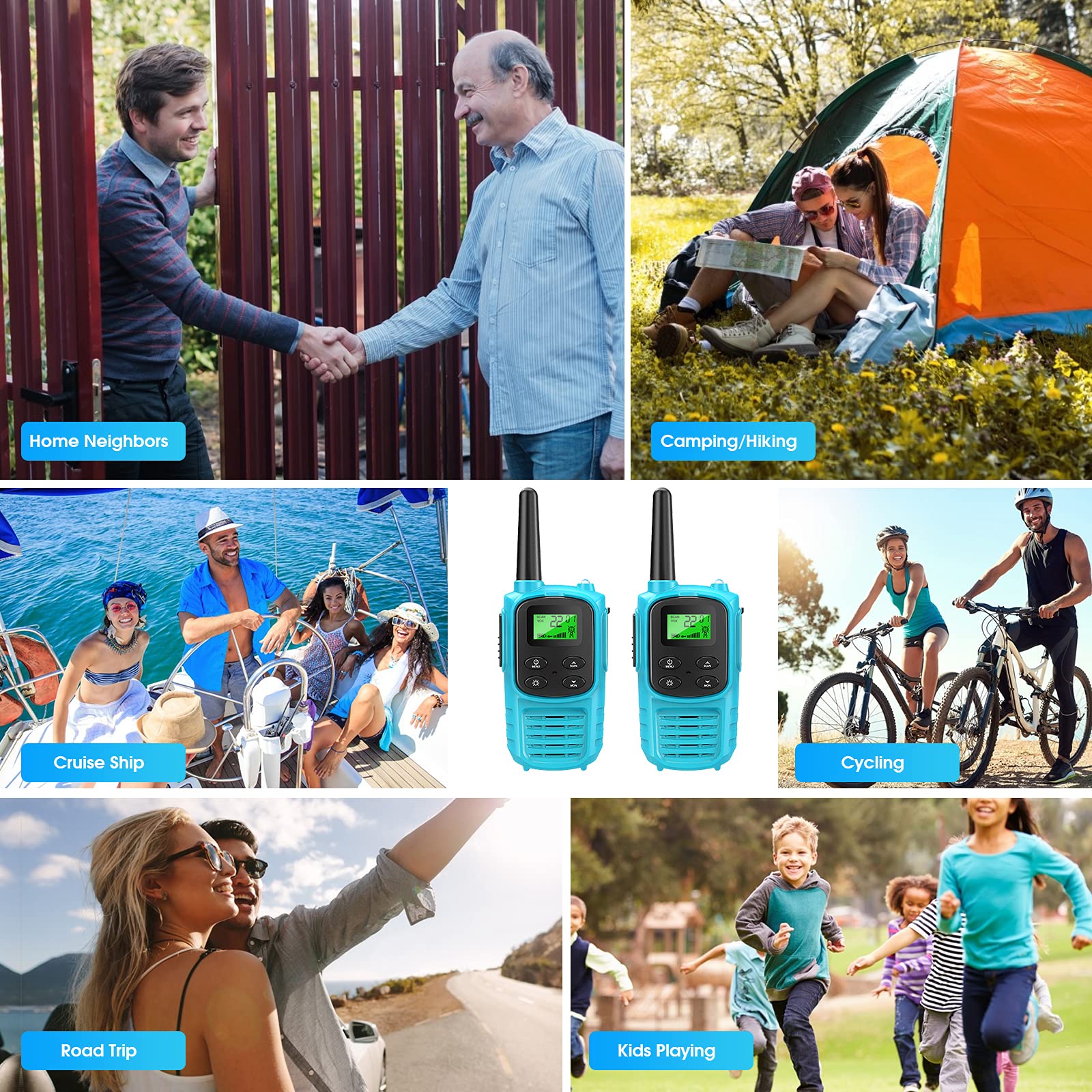LEETEL Walkie Talkie with 22 FRS Channels, Long Range Walkie Talkies for Adults with VOX Scan LED Flashlight for Family Activities Hiking Camping Trip (Blue 2 Pack)