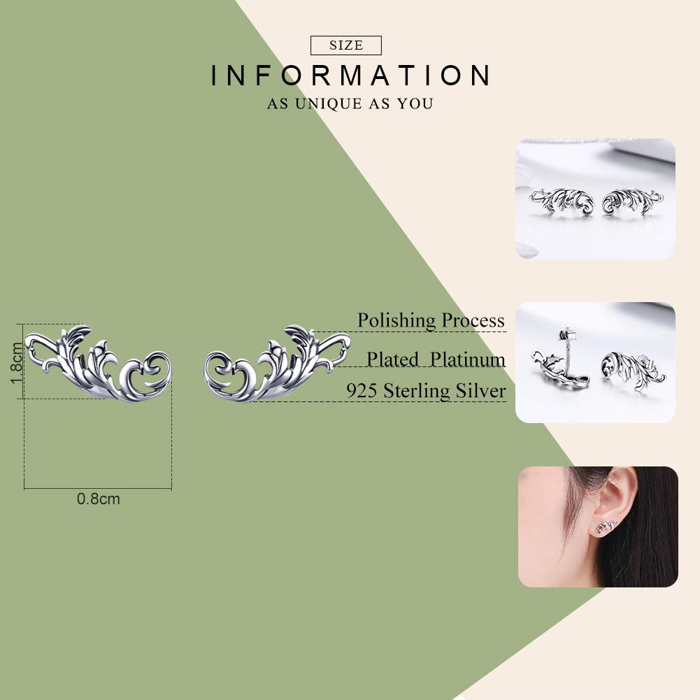 Antique Flower Stud Earrings Sterling Silver 925 Elegant Vintage Leaf Climber Crawler Earring Ear Piercing Thanksgiving Christmas Day Gifts for Women