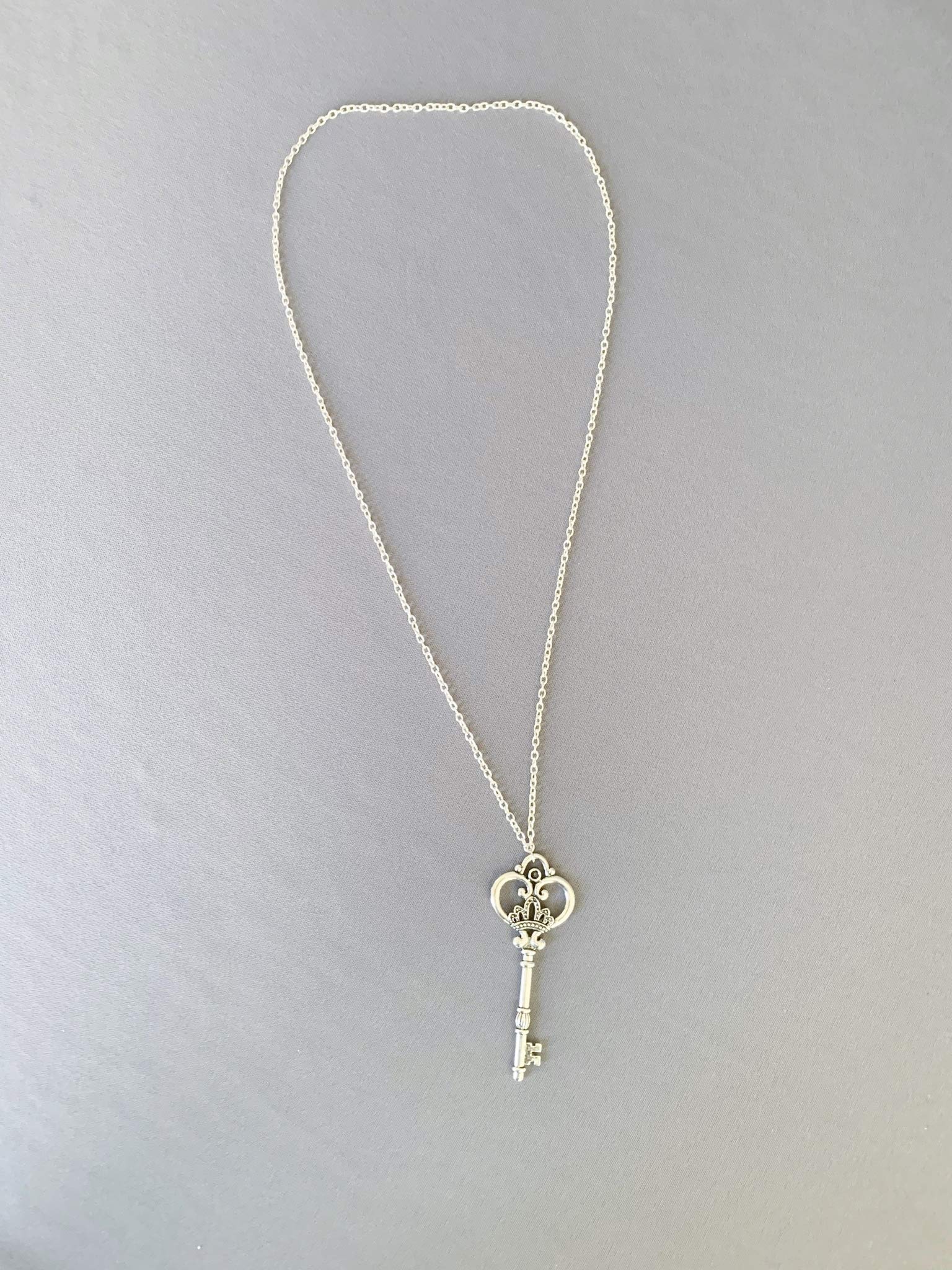 Antiqued womens Silver key necklace 27 long necklace chain skeleton key pendant silver chain