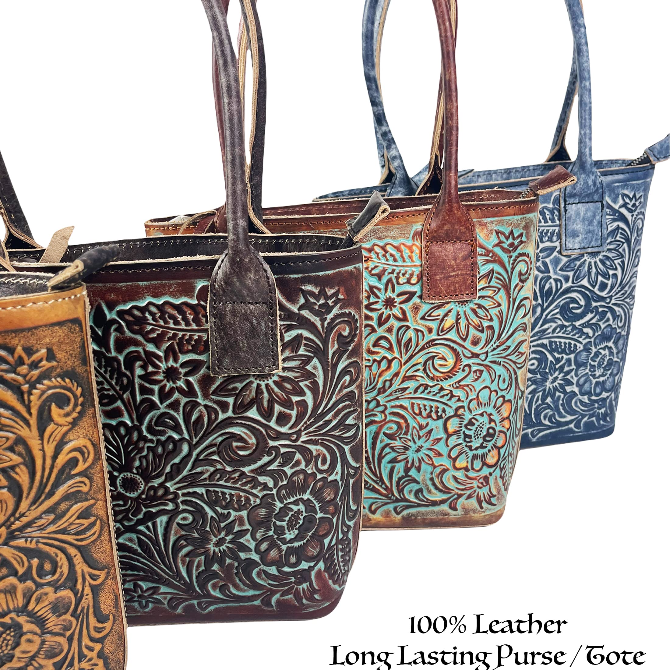 Urbalabs Western Purse Genuine Leather Hand Tooled Floral Handbag Tote Ladies Bag Leather Chain Strap Purse Hand Stitched (Dark Brown)