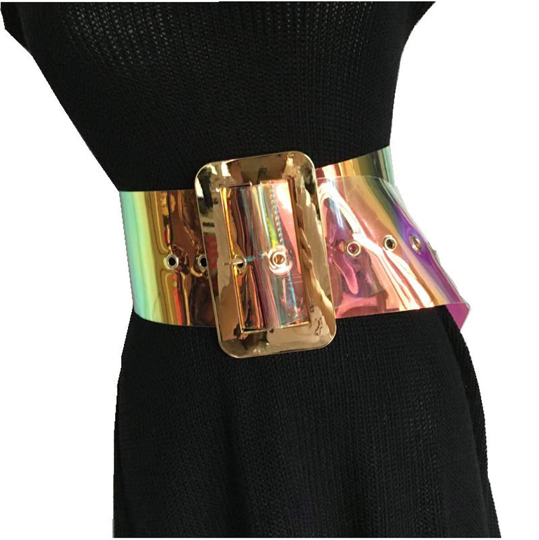 Towonder Women Fashion iridescent Clear Belt Transparent PVC chunk Waist Belt Waistband Cinch Dress Belt 3.5" wide