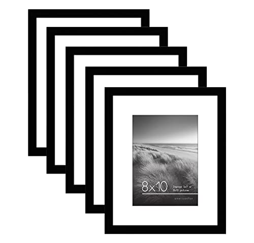 Americanflat 8x10 Picture Frame with Polished Plexiglass - Set of 5 - Use as 5x7 Frame with Mat or 8x10 Frame Without Mat - Galleria Collection - Gallery Frames for Tabletop and Wall Display - Black