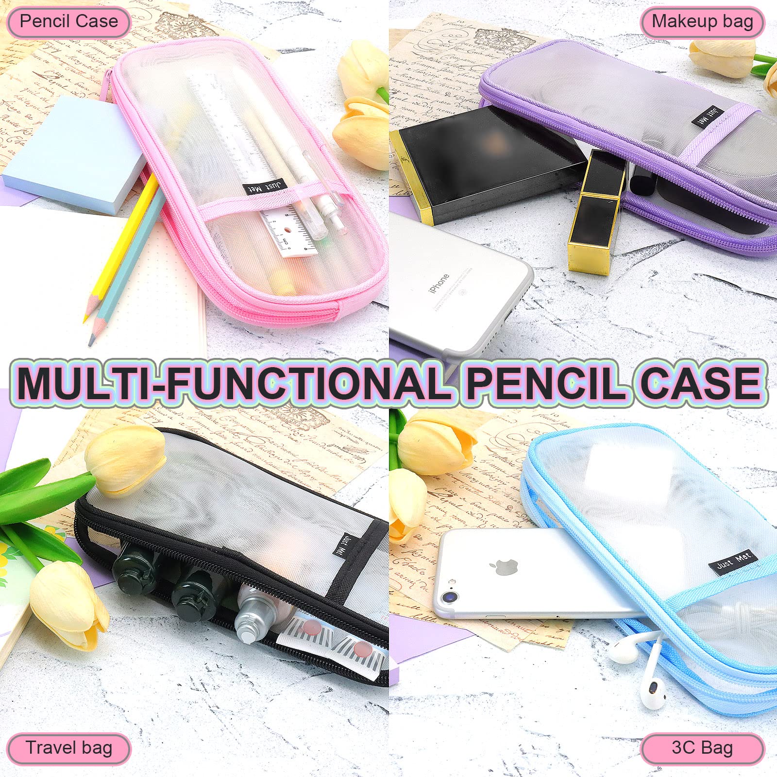 Sonuimy Clear Mesh Pencil Case Pouch, Clearly Visible Grid Pen Cases Organizer For Adult, Zipper Transparent Stationary Makeup Bag For Travel Office College-Green