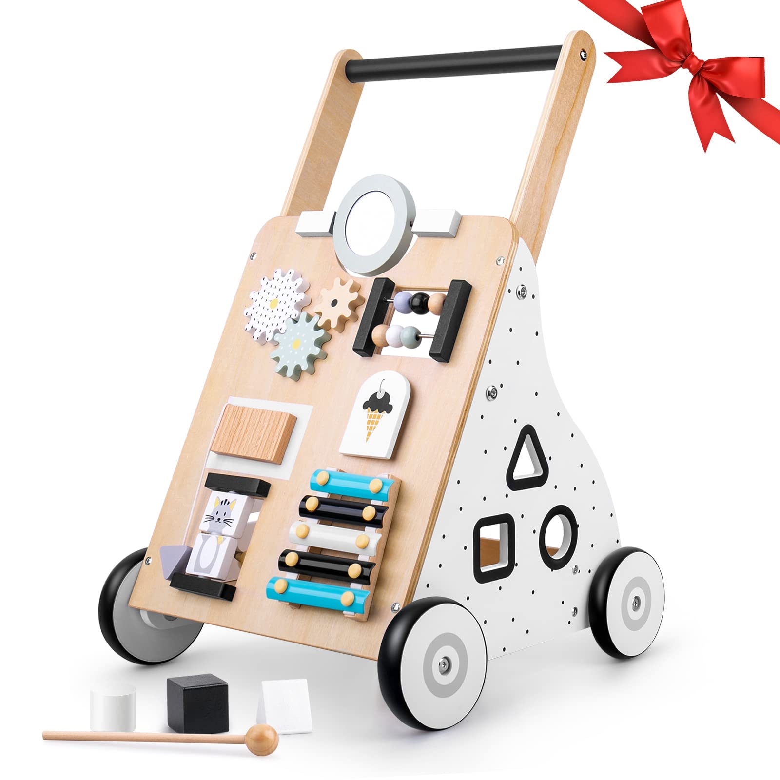 Wooden Baby Push Walker, Pull Learning Activity Walker Baby Walking Toy with Wheels Infant Walker Multiple Activities Center Toddler Walker for Boys and Girls