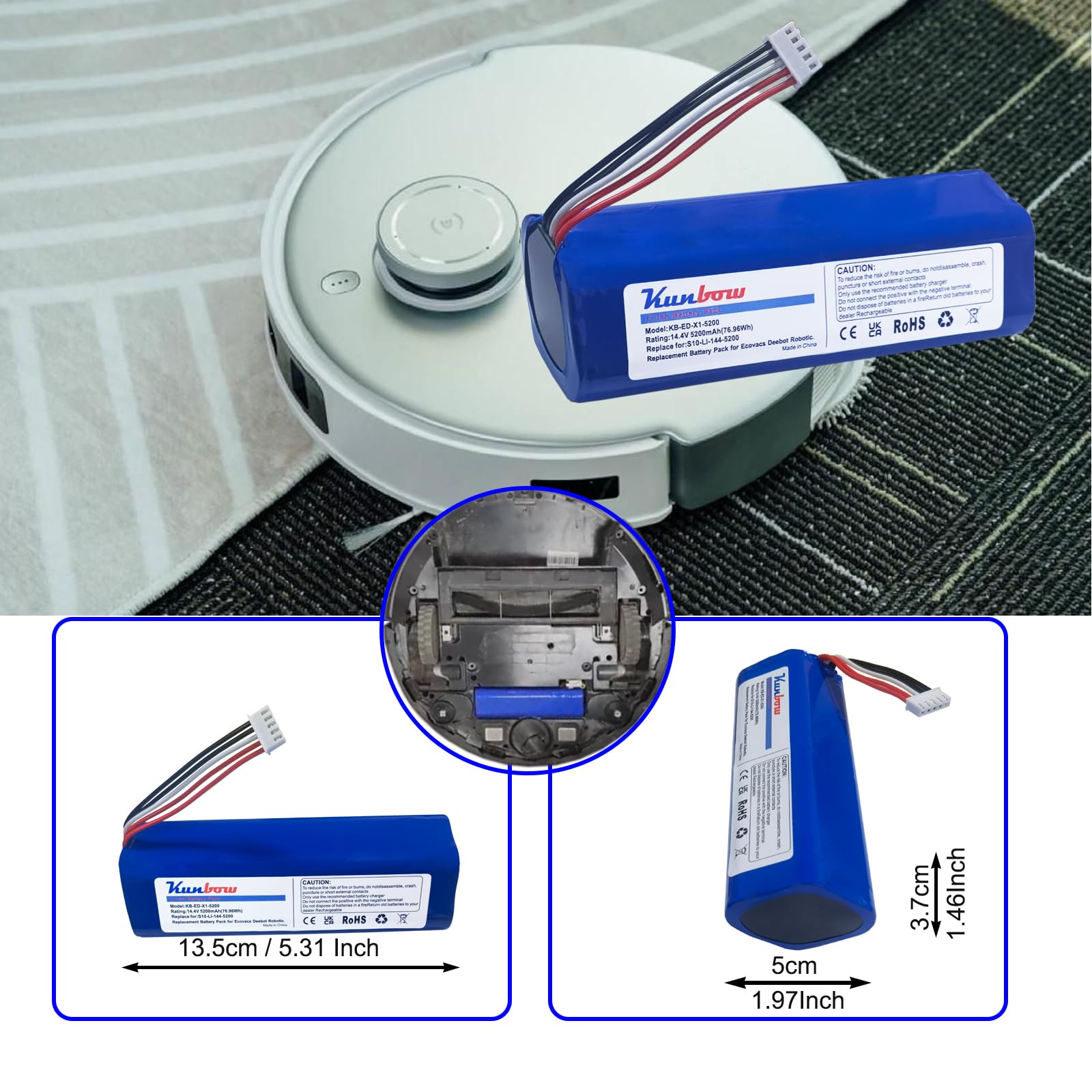 kunbow 5200mAh Li-ion Battery, Replacement Battery for Ecovacs Deebot Ozmo 950 DX9G,Deebot T20 Omni,Deebot X1, Deebot T8 Pure,T8+, Deebot T9,Deebot T10,Deebot T5 Home Cleaner Robot. (14.4V/74.88Wh)