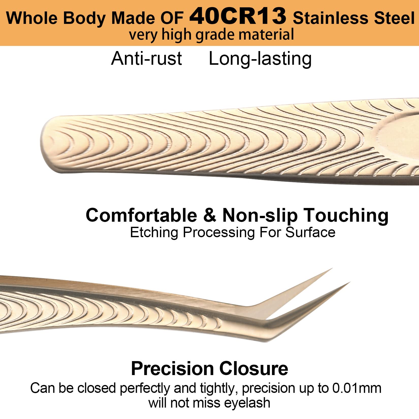 SGNEKOO Eyelash Extension Tweezers Set, Etching Slanted Excellent Precision Tweezers Kit for Volume & Individual False Lashes Extensions with Storage Case,Golden (Volume Tweezers/SK005-4)