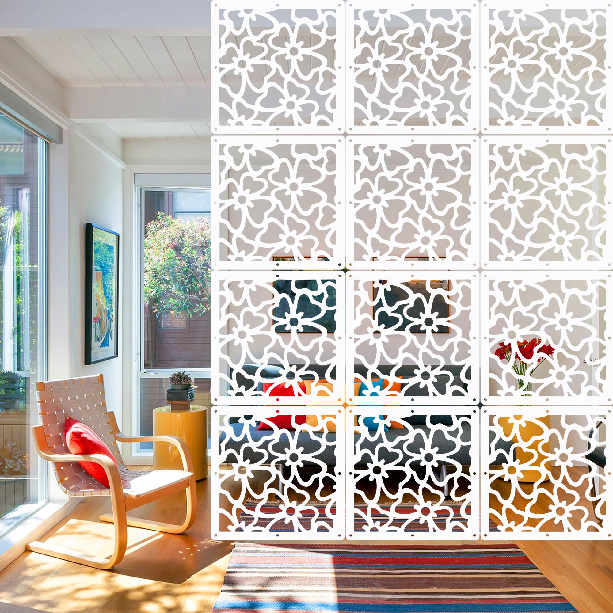 Lucky Monet 12Pcs Hanging Room Divider Panels Decorative Room Separator White Wall Partition Privacy Screen Indoor for Bedroom Dining Hotel Restaurant - White Flower