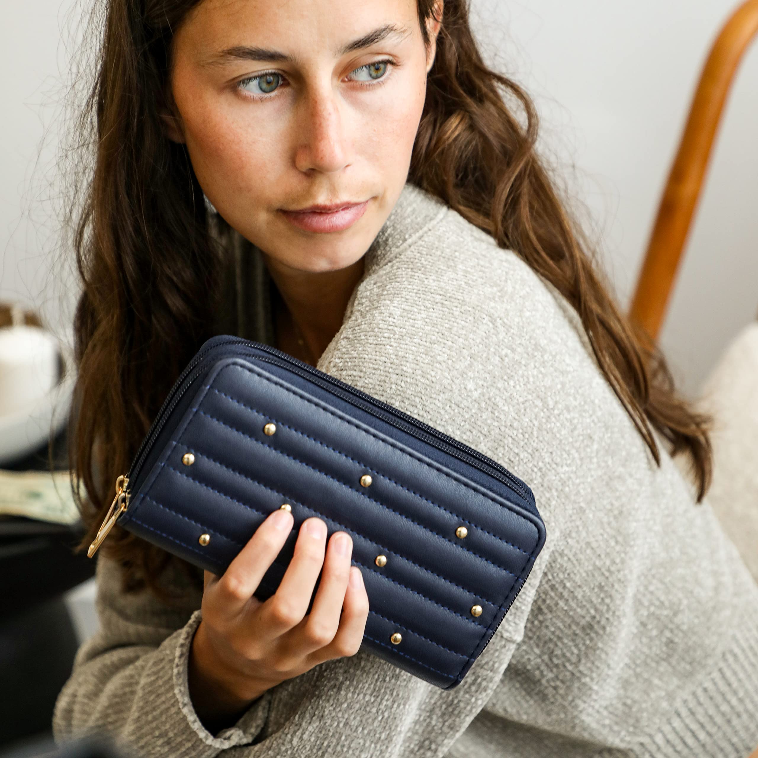 Stud Wallet for Women - Double Zip Around Ladies Clutch Purse Organizer with Card Slots and Coin Purse (Navy Blue)