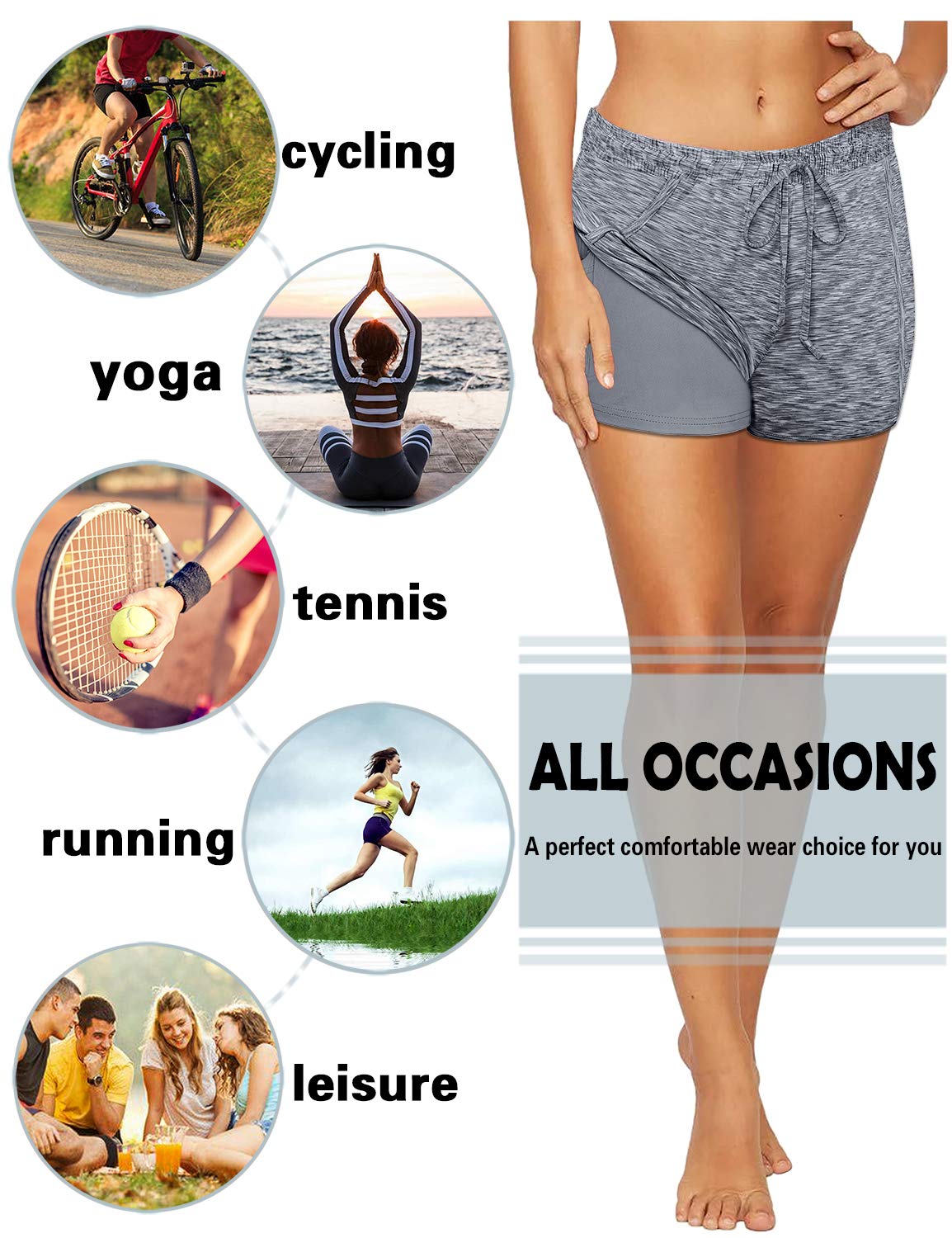 BLEVONH Shorts for Women Athletic,Stretchy Waistband Double Layers Yoga Athletic Short with Pocket Womens Lightweight Plus Sized Quick Dry Pickleball Workout Clothes Gray 2XL