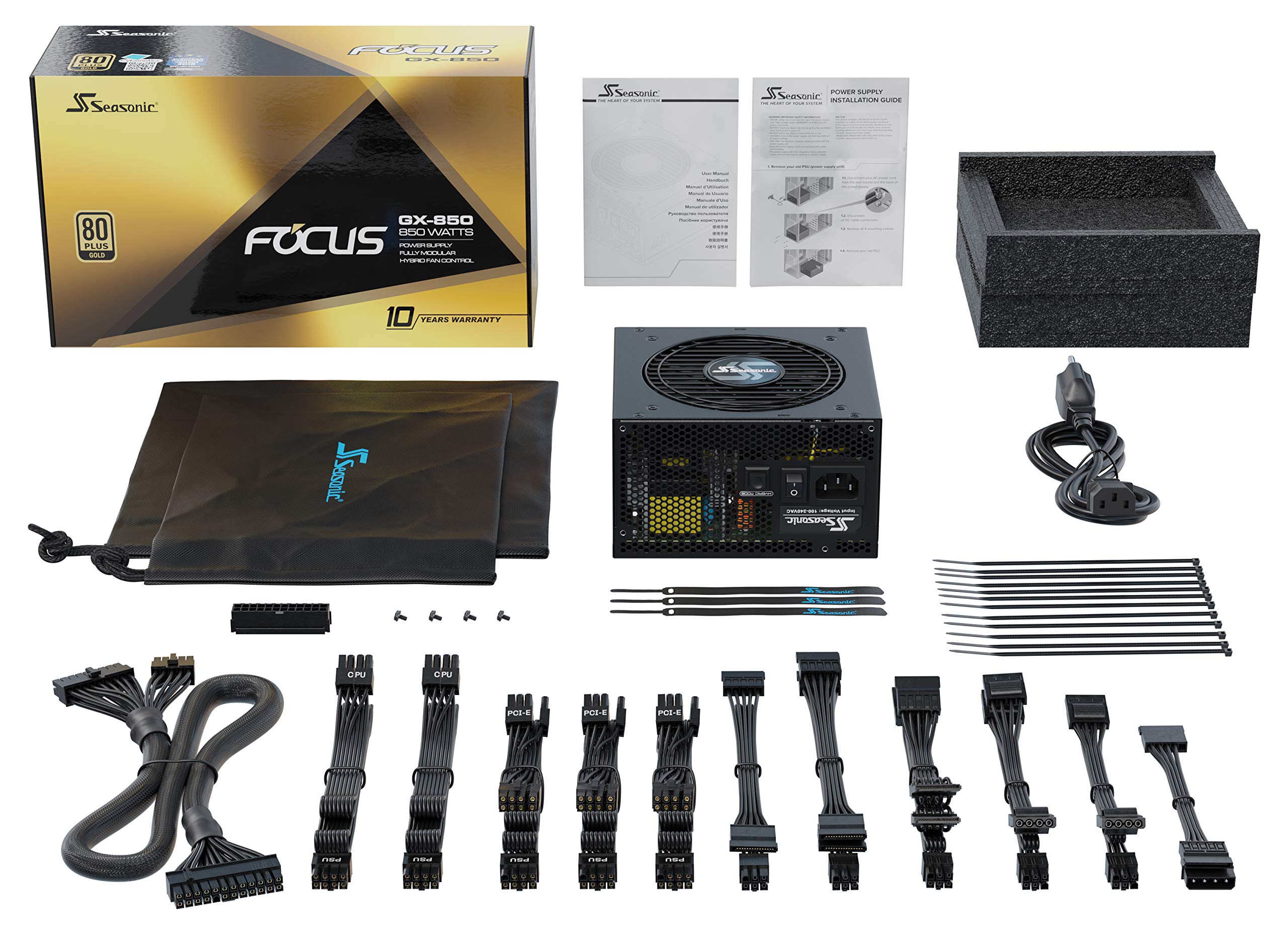 Seasonic FOCUS GX-850 - 850W - 80+ Gold - Full-Modular - ATX Form Factor - Low Noise - Premium Japanese Capacitor - 10 Year Warranty - Nvidia RTX 30/40 Super & AMD GPU Compatible (Ref. SSR-850FX)
