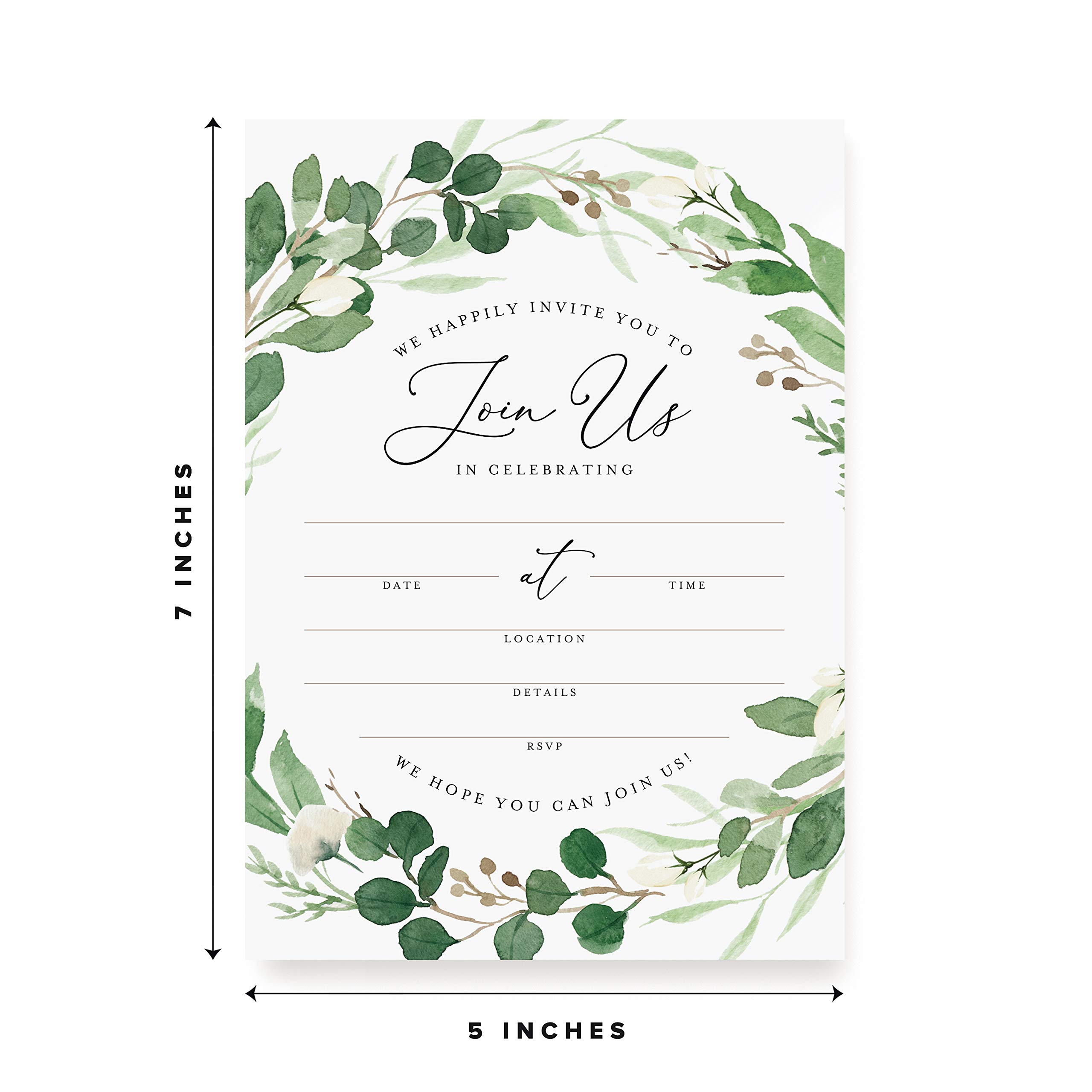 Bliss Collections Invitations with Envelopes for All Occasions, Invites Perfect for: Weddings, Bridal Showers, Engagement, Birthday Party or Special Event, Pack of 25 5x7 Cards - Eucalyptus