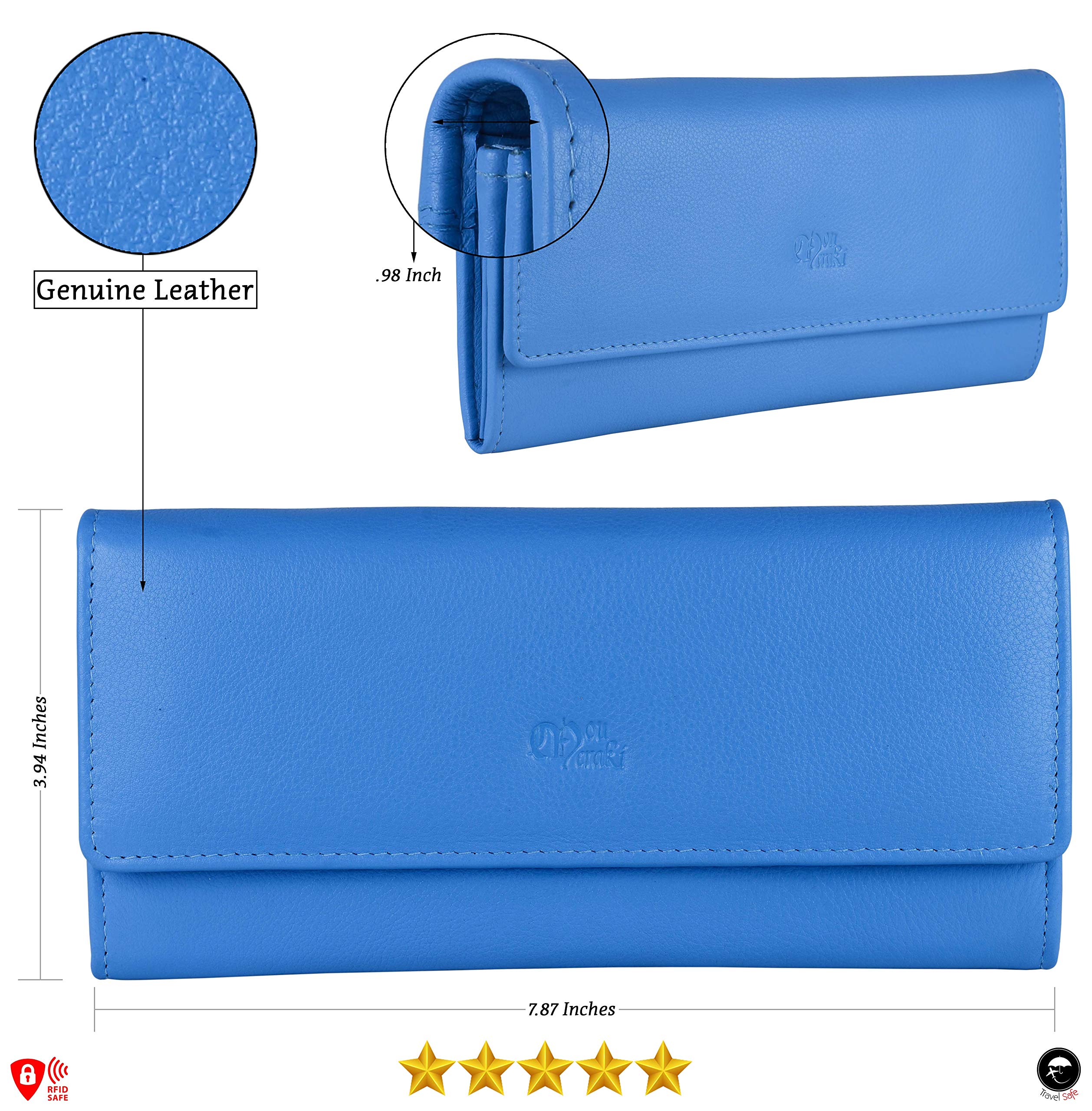 Mou Meraki Women RFID Blocking Real Leather Bifold Wallets For Women-Shield Against Identity Theft (BLUE)