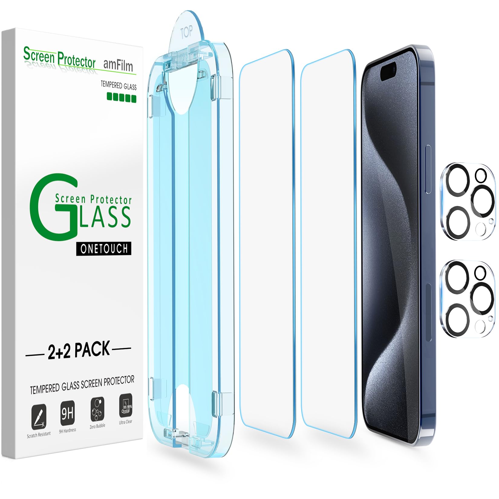 amFilm Easiest Installation OneTouch for iPhone 15 Pro Max Screen Protector [6.7 Inch] Tempered Glass + Camera Lens Protector, Auto-Alignment Tech, Bubble Free, Case Friendly, Anti-Scratch [2+2 Pack]