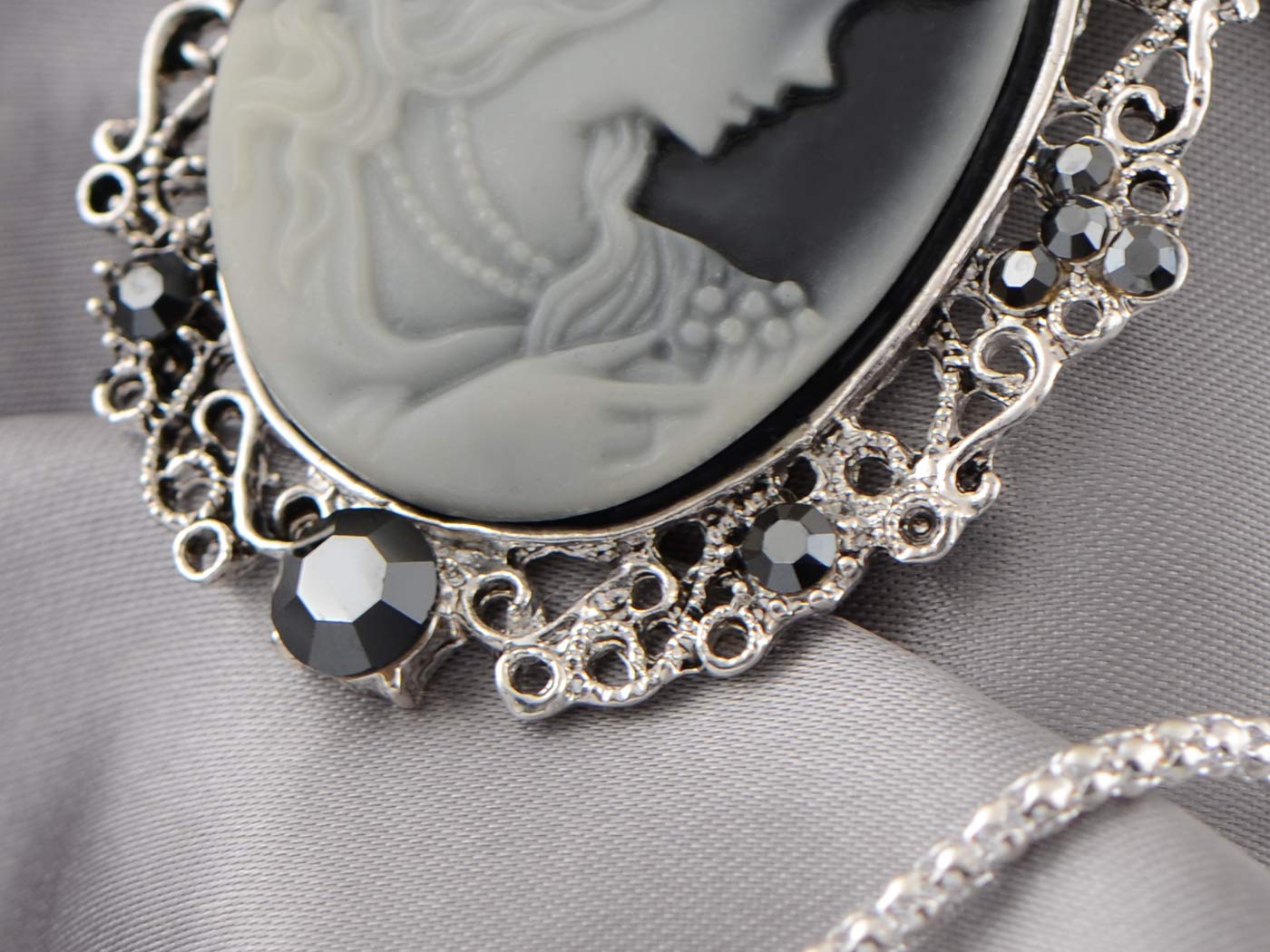 Alilang Gunmetal Tone Grey Crystal Rhinestones Cameo Lady Victorian Maiden Pendant Necklace