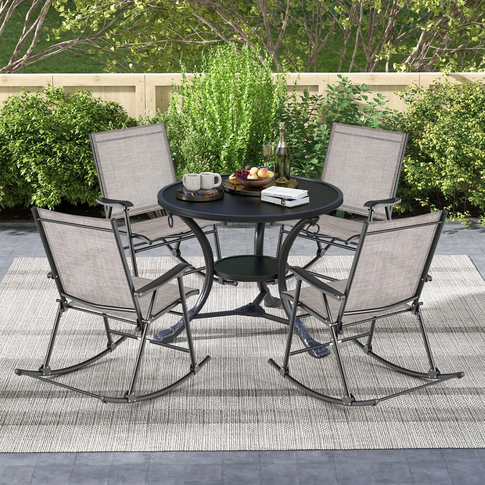 Tangkula Folding Rocking Chair Set of 2, Patio Rockers with Breathable Seat Fabric & Sturdy Metal Frame, Smooth Rocking Motion, Heavy-Duty Outdoor Rocker for Backyard, Front Porch, Poolside