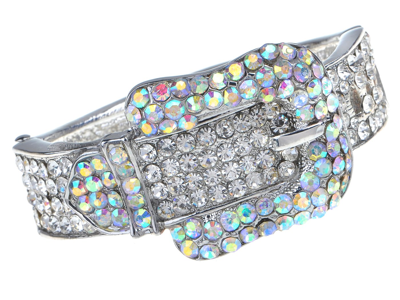 Alilang Silvery Tone Iridescent Clear Crystal Colored Rhinestones Belt Buckle Cuff Bracelet